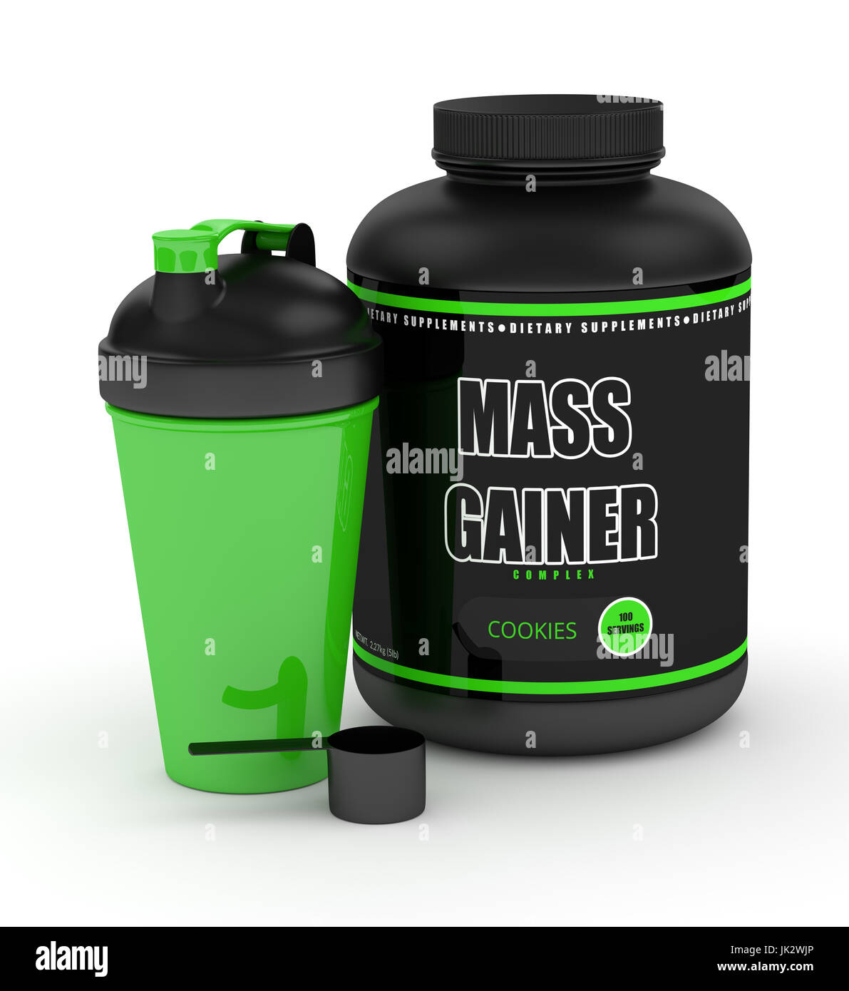 3d render of mass gainer powder with shaker and spoon isolated over ...