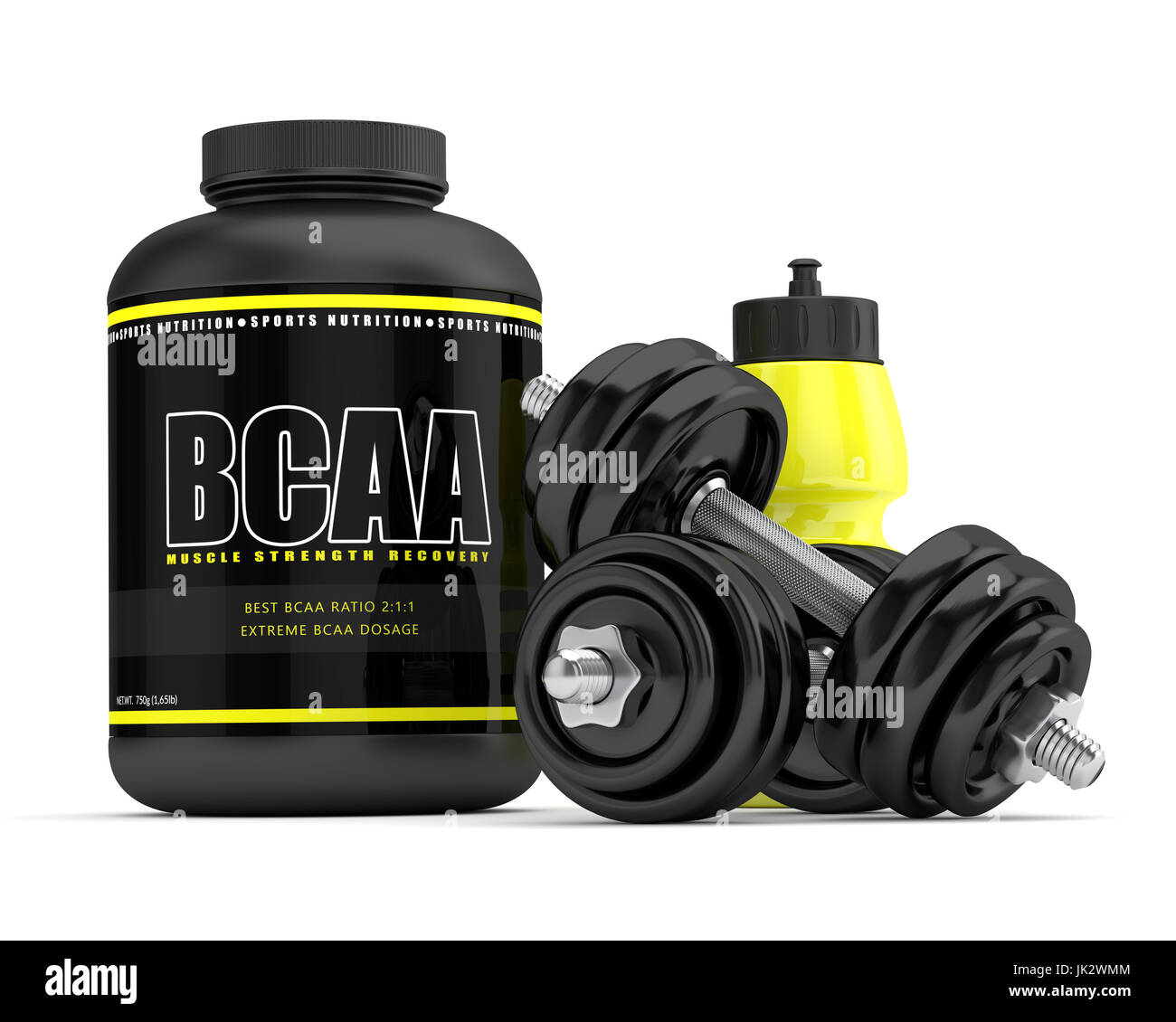 3d render of BCAA powder with dumbbells and water bottle isolated over ...