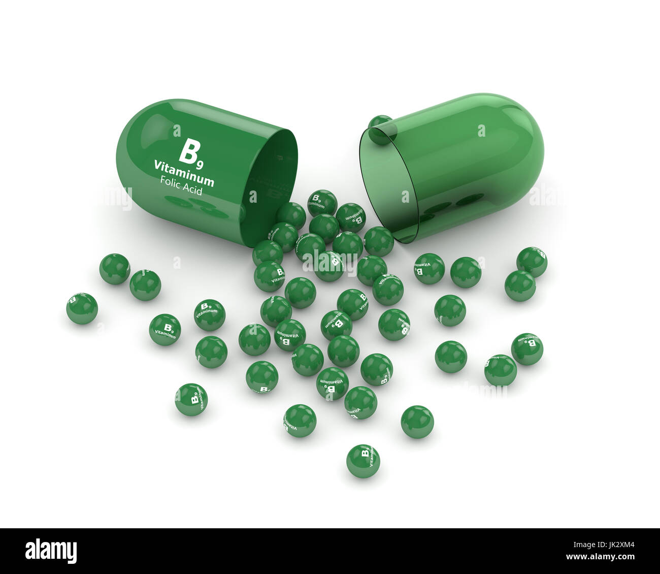 3d render of B9 folic acid pill with granules isolated over white ...