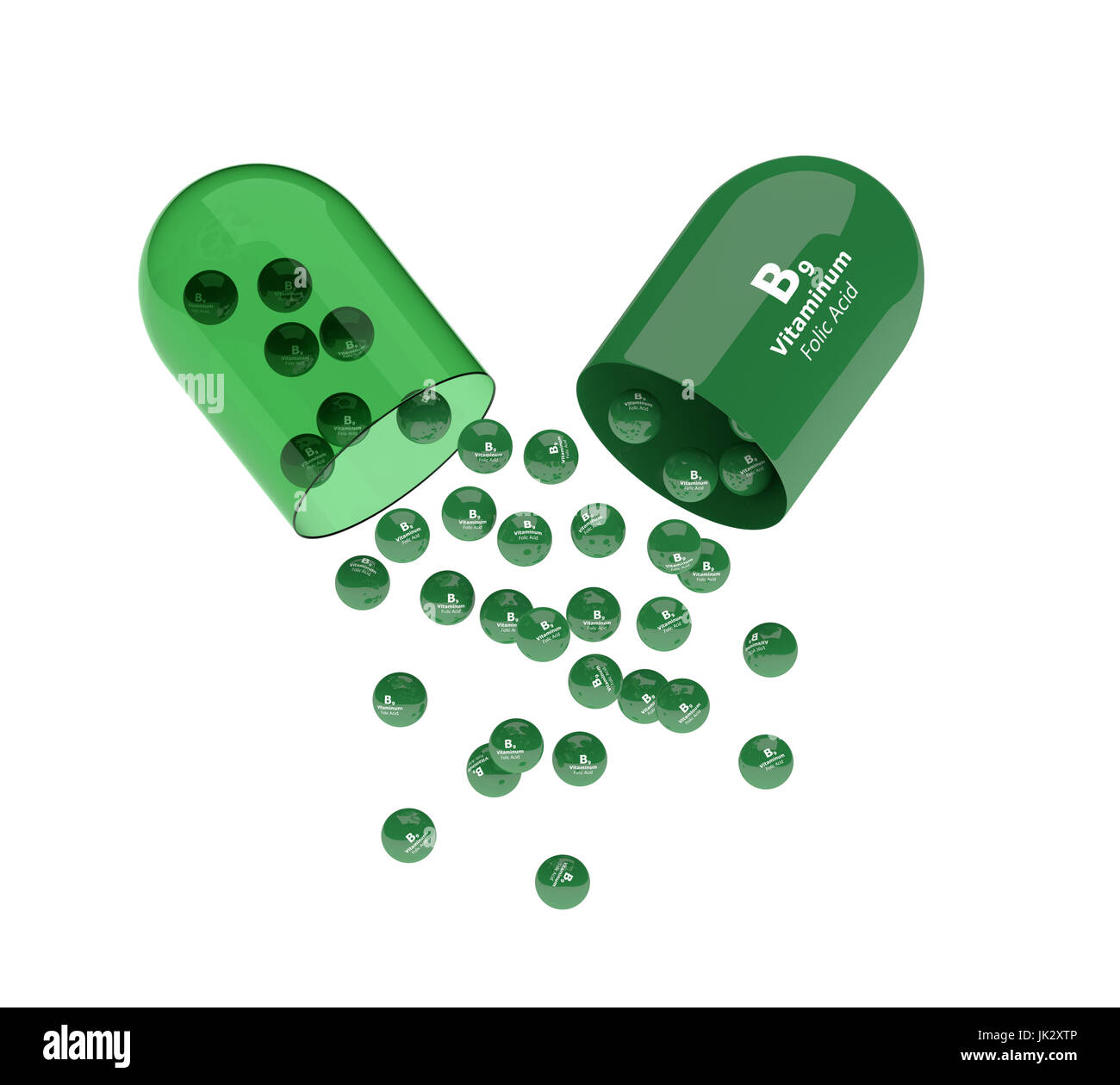 3d render of B9 folic acid pill with granules isolated over white ...