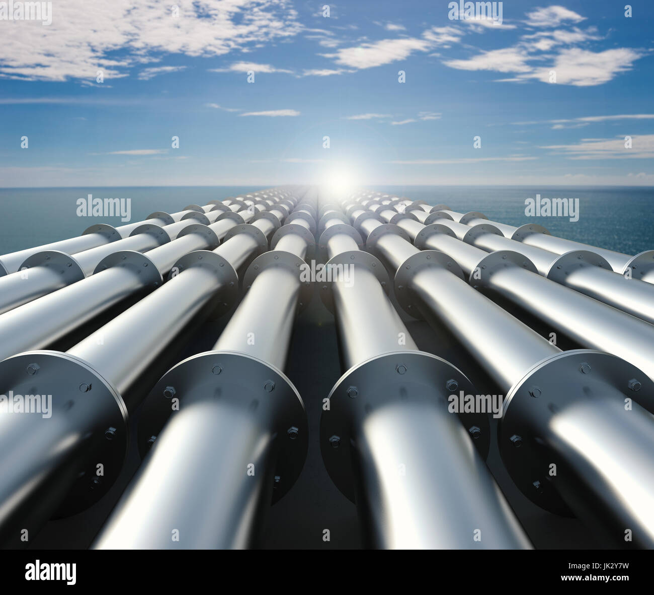 metal pipeline with blue sea and blue sky background Stock Photo - Alamy
