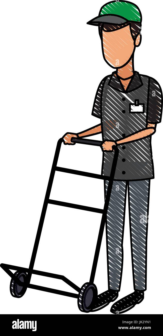 delivery man with cardboard box and push cart Stock Vector Image & Art ...
