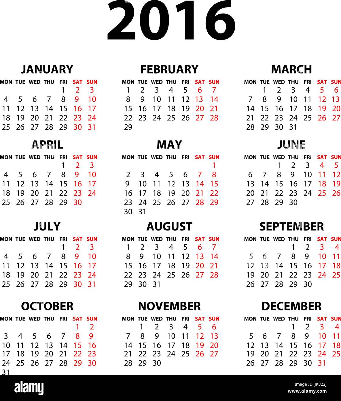 Vector modern and simple calendar 2016 with moon phases, well arranged ...