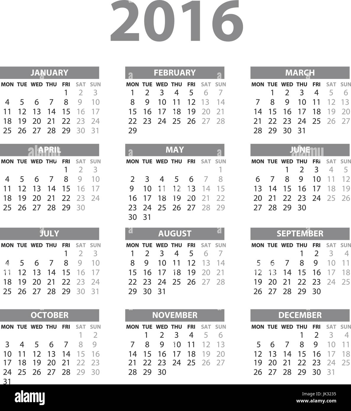 Vector modern and simple calendar 2016 with moon phases, well arranged ...