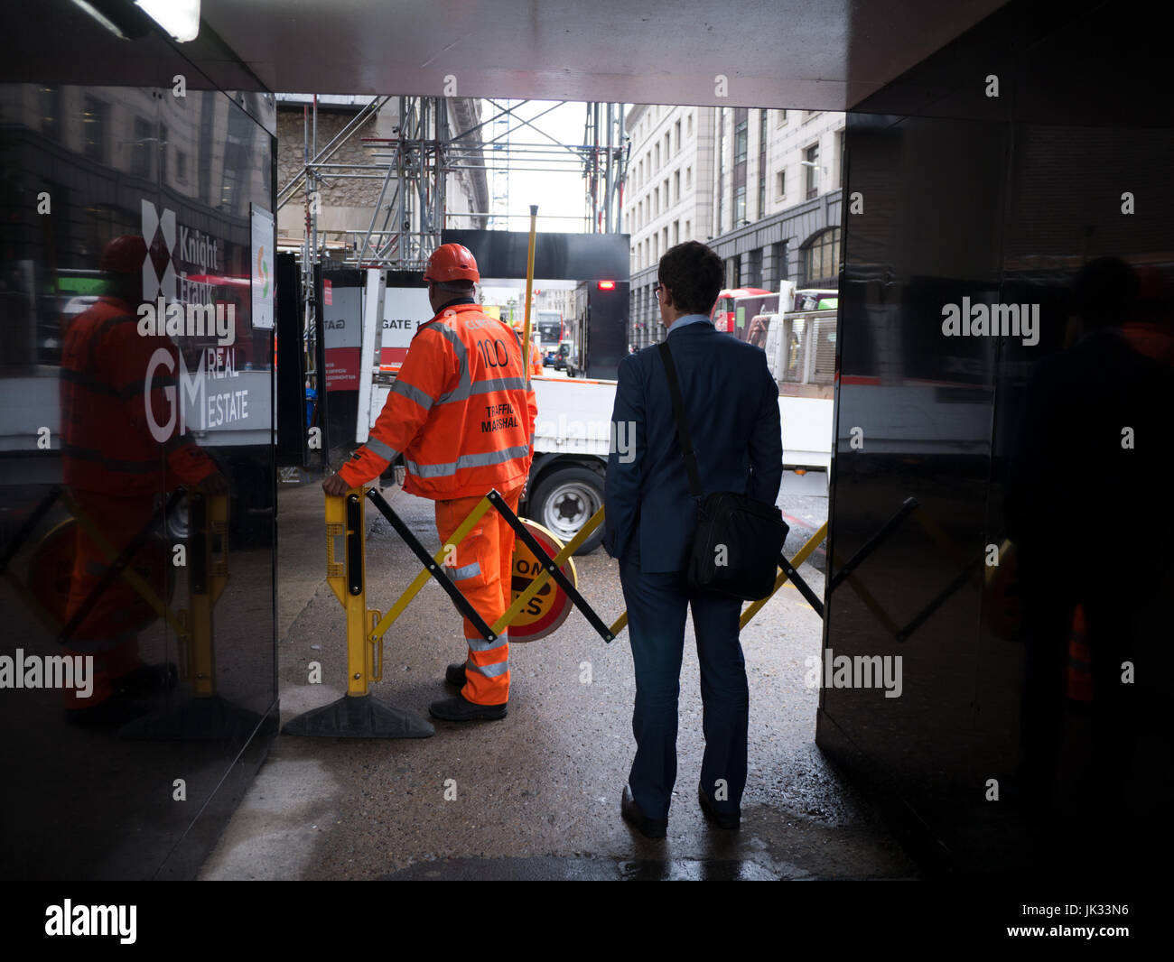 Traffic marshall on Bloomberg building site London operating safety ...