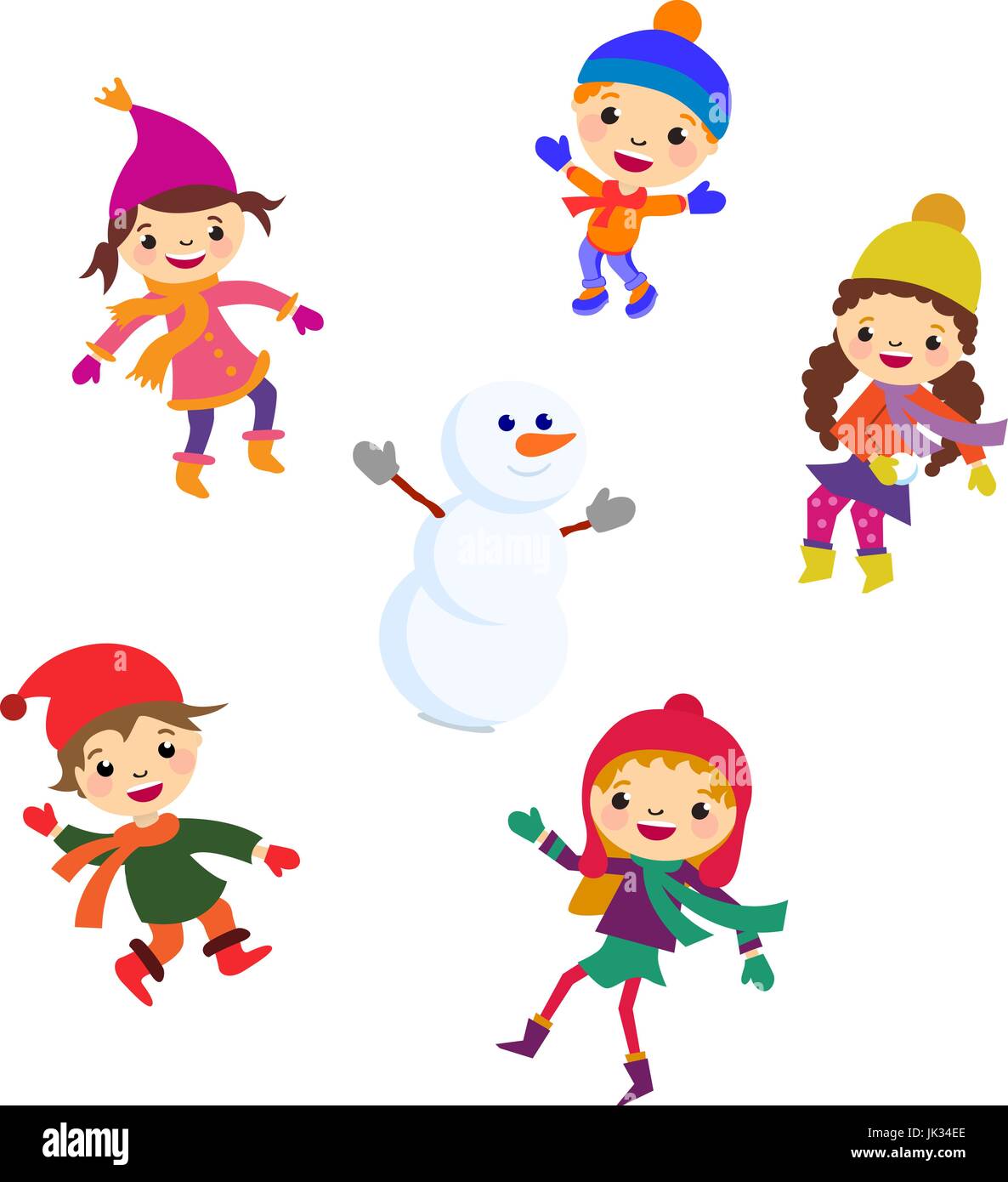 Winter Little girl sculpts snowman, Christmas boy snow children vector ...