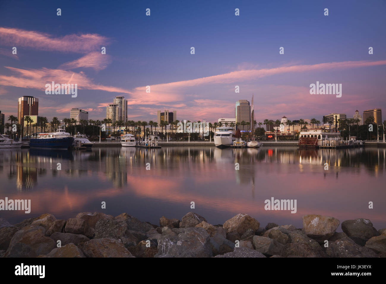 USA, California, Long Beach, Shoreline Village, marina and city view ...