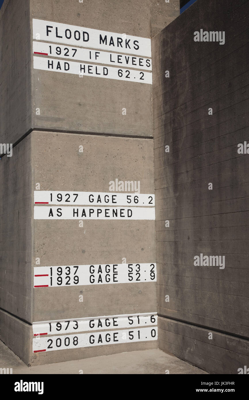 USA, Mississippi, Vicksburg, Mississippi Riverfront , flood marker ...