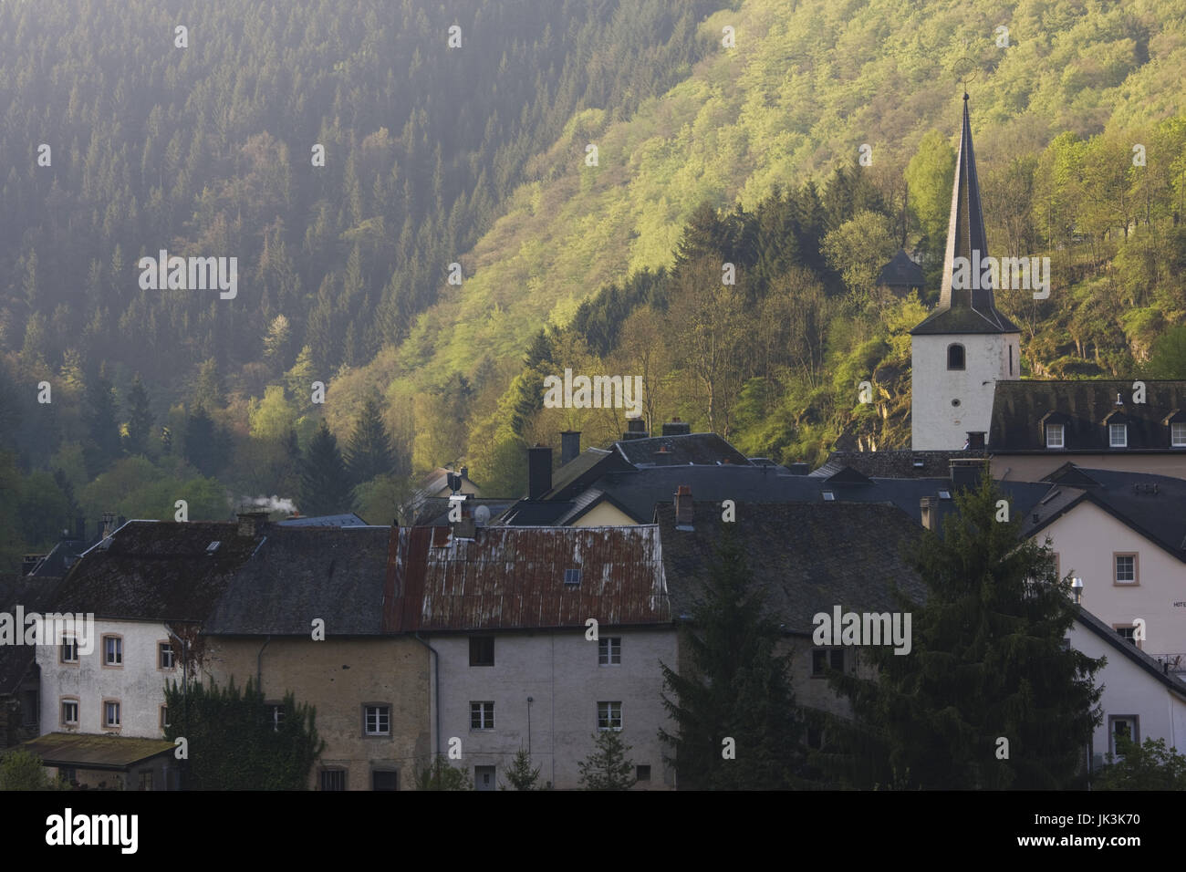 Luxembourg, Sure River Valley, Esch-sur-Sure, Town View, morning Stock ...