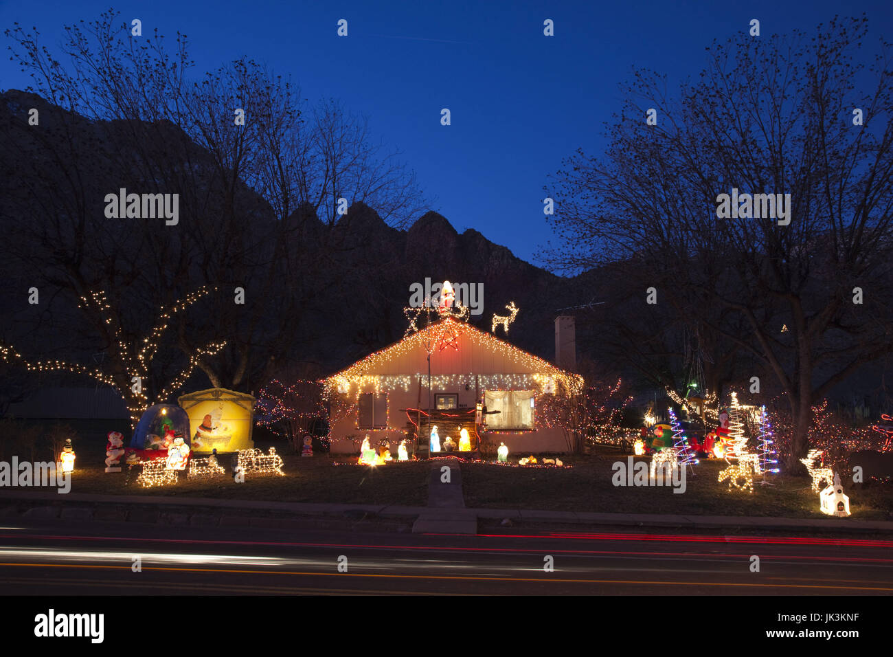 USA, Utah, Springdale, house with Christmas Decorations, NR Stock Photo ...