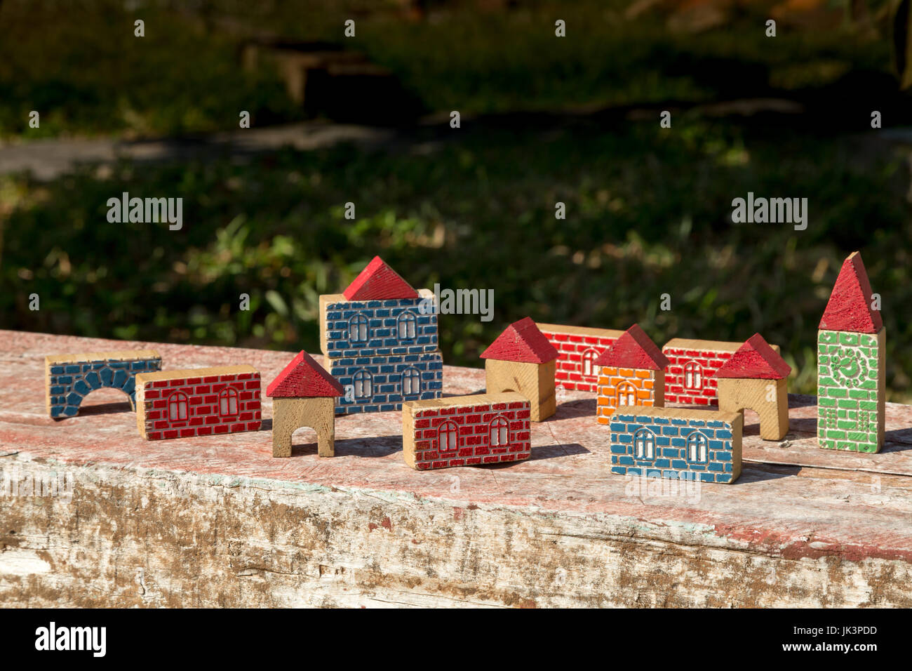 Wood bricks building, rustic wooden block play town, timber ...