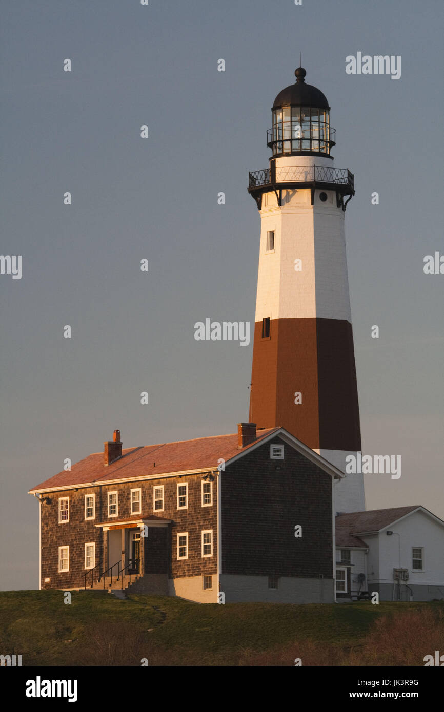 USA, New York, Long Island, Montauk, Montauk Point LIghthouse, sunset ...