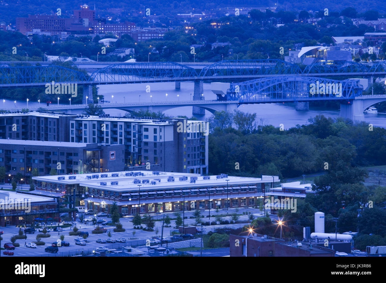 USA, Tennessee, Chattanooga, high angle view of Tennessee River bridges ...