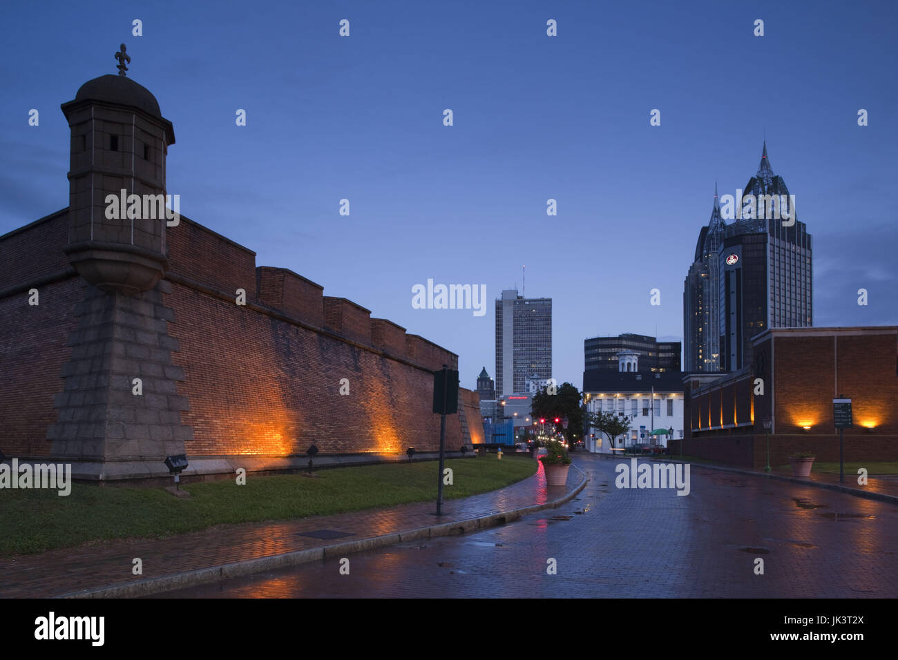USA, Alabama, Mobile, Fort Conde, b.1711, RSA Tower and Riverview Plaza ...