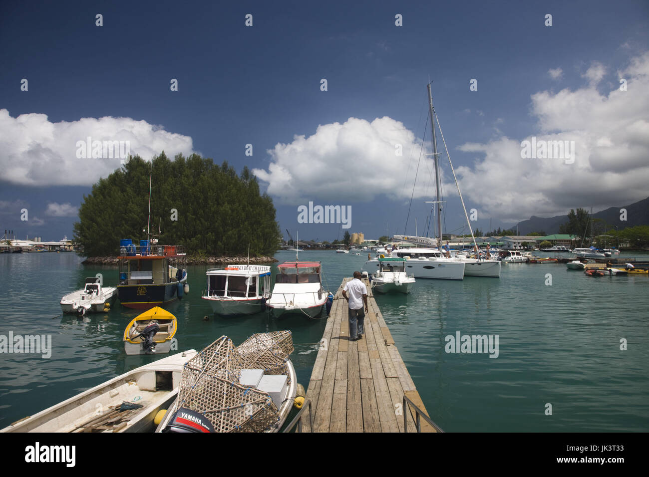 Seychelles, Mahe Island, Victoria, Botanical Gardens, small boat harbor ...