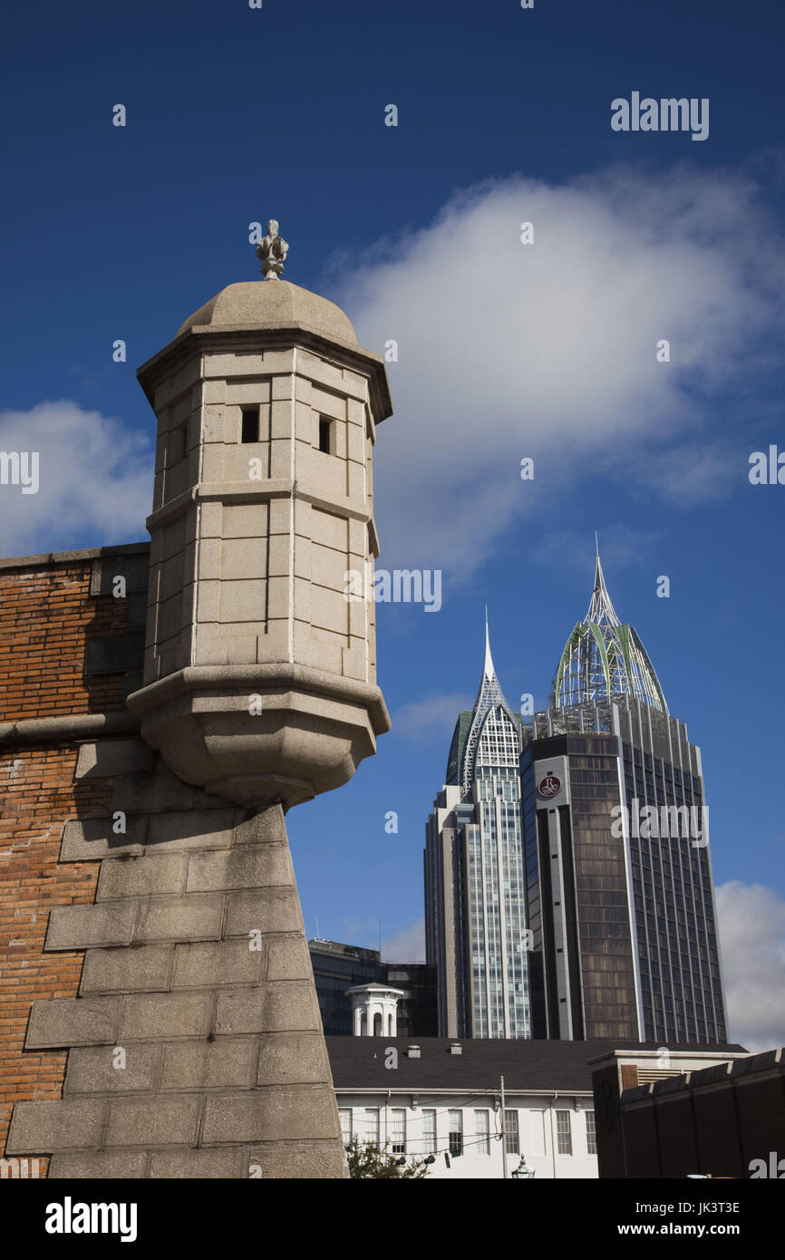 USA, Alabama, Mobile, Fort Conde, b.1711, RSA Tower and Riverview Plaza ...