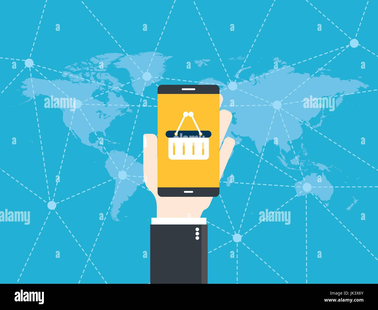 Hand holding smart phone. E-commerce application on the shopping cart ...