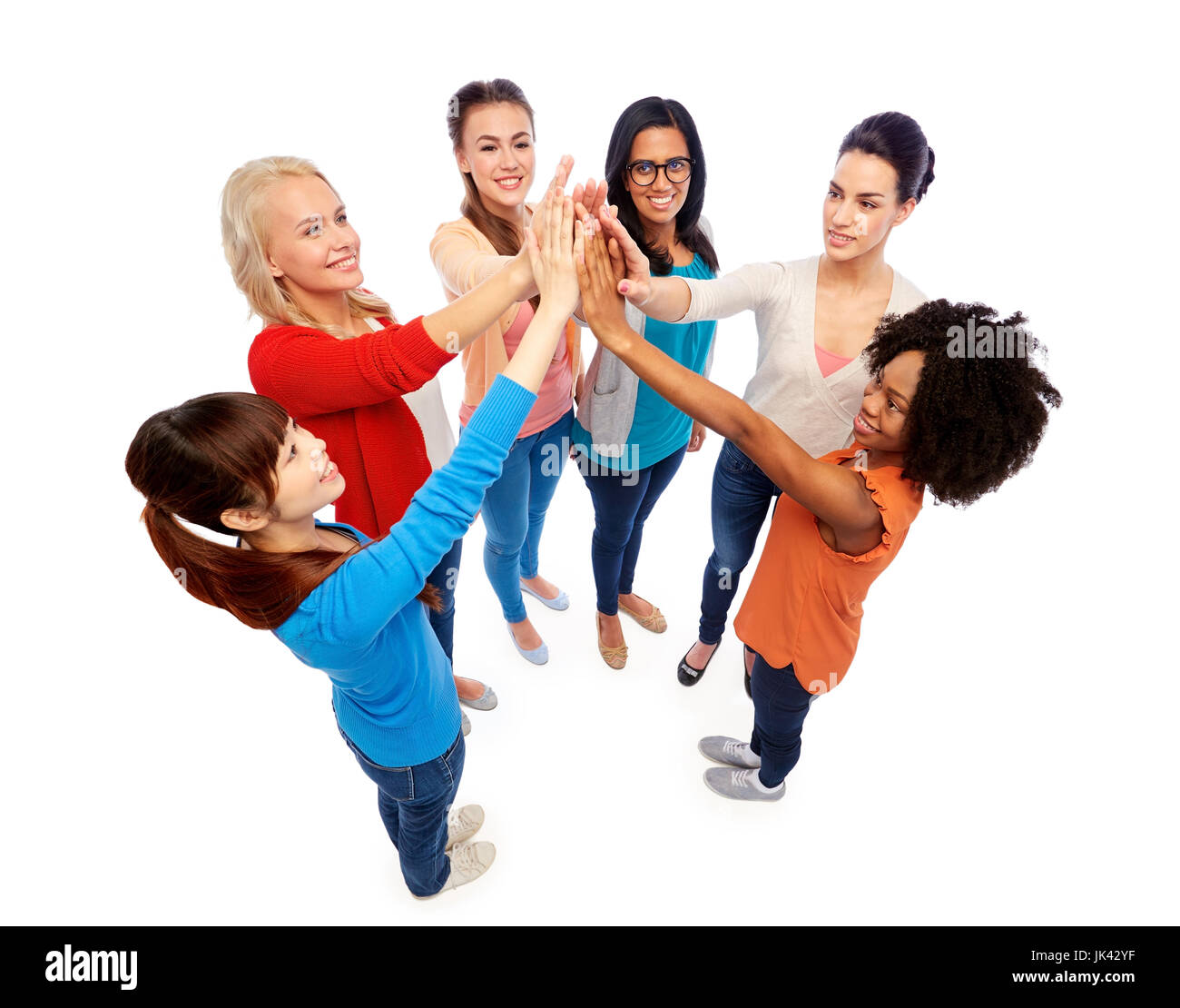international group of happy women doing high five Stock Photo - Alamy