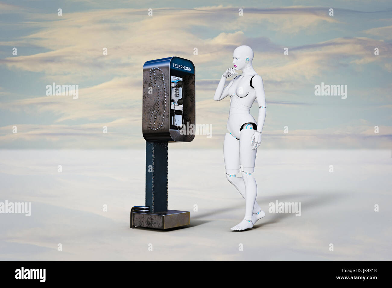 Curious robot woman examining pay telephone Stock Photo - Alamy