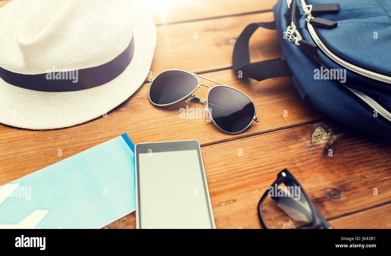 close up of gadgets and traveler personal stuff Stock Photo - Alamy