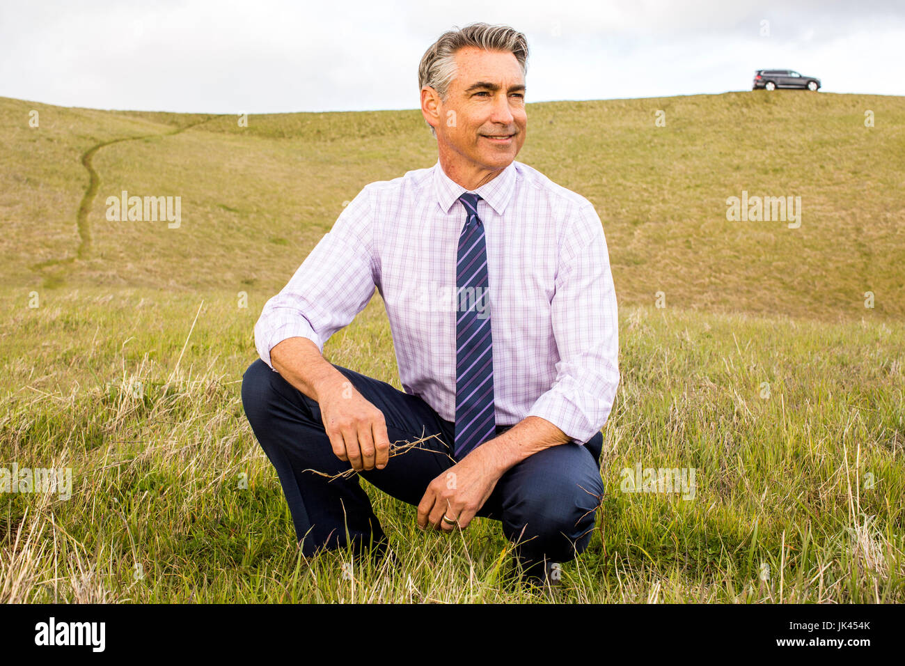 Smiling Caucasian businessman crouching in grass Stock Photo - Alamy