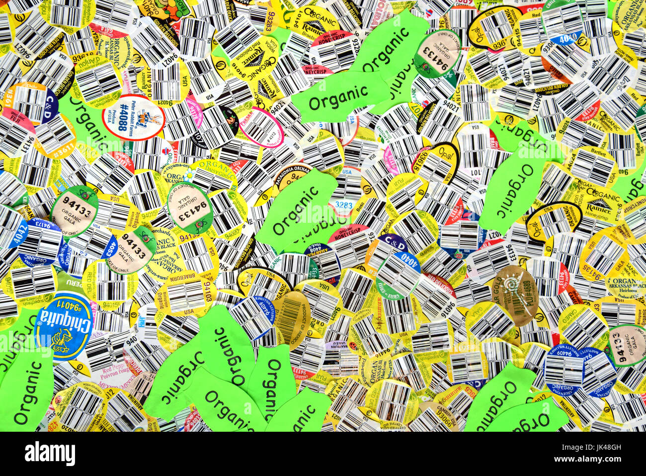 Stickers with UPC codes and other food labels, organic and non-organic ...