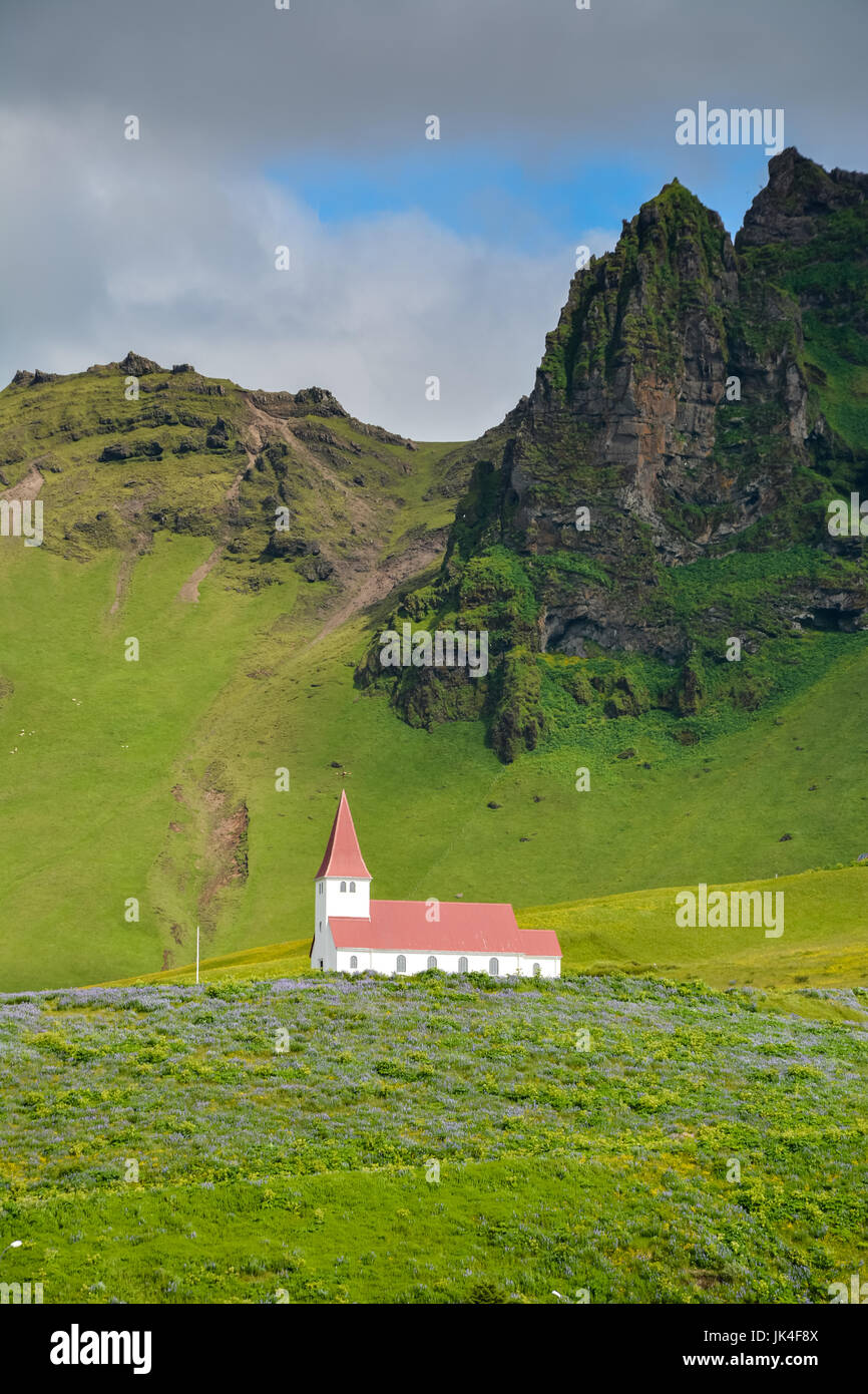 Landscape of Vik village, Iceland with Myrdal Church in background on ...