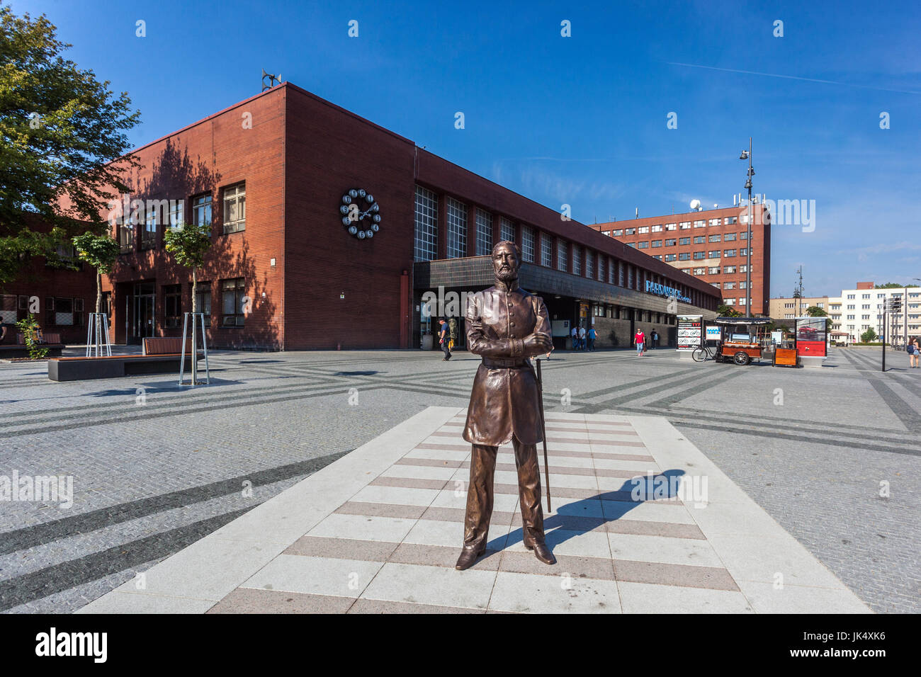 Statue of Jan Perner, railway engineer in front of the main railway ...