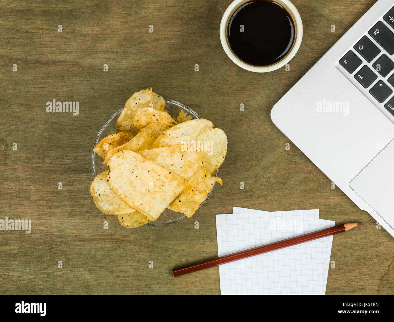 Computer Workstation With a Boewl of Potato Crisps or Potato Chips With ...