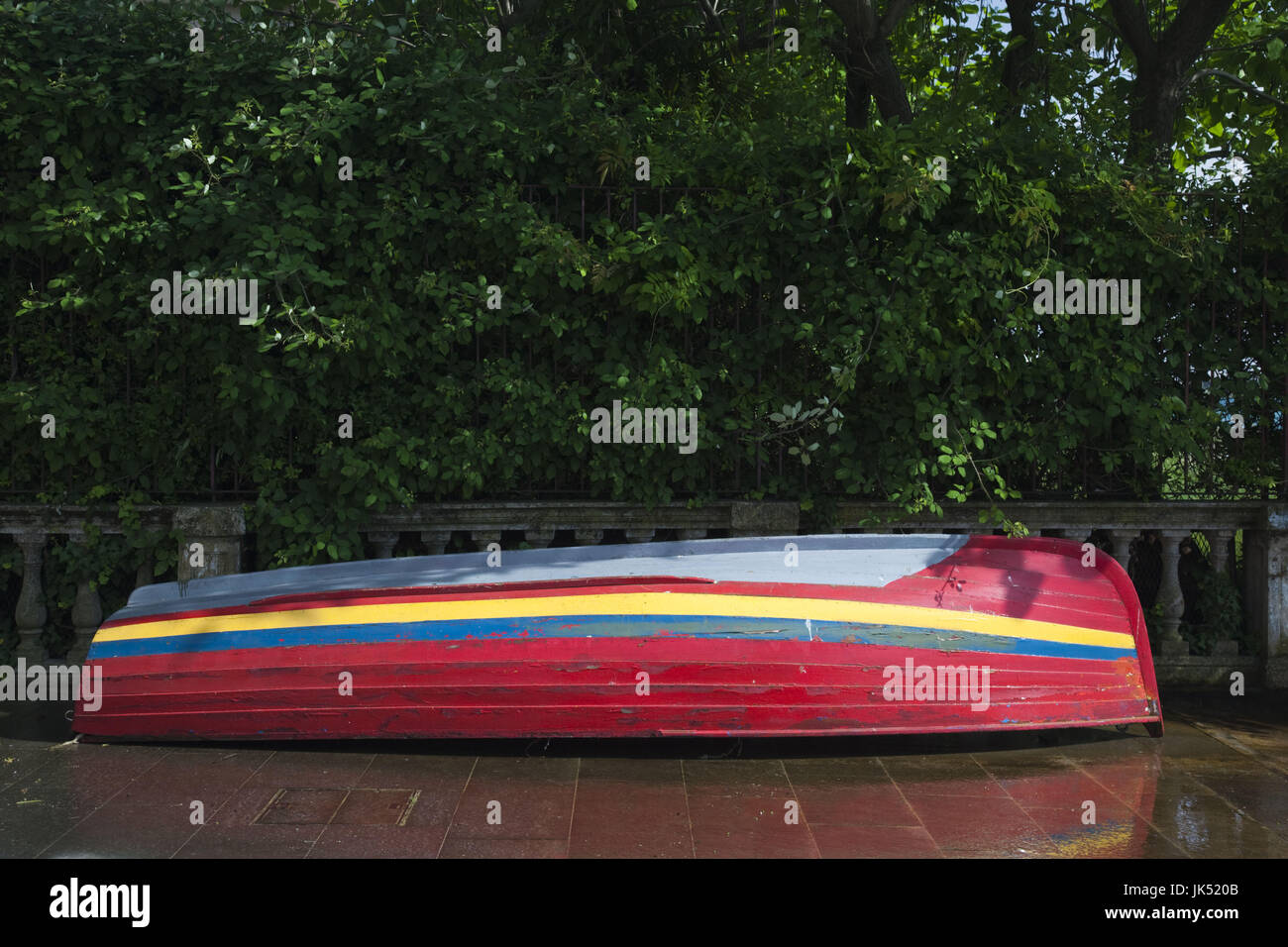 Italy, Lombardy, Lake District, Lake Garda, Sirmione, red boat Stock ...
