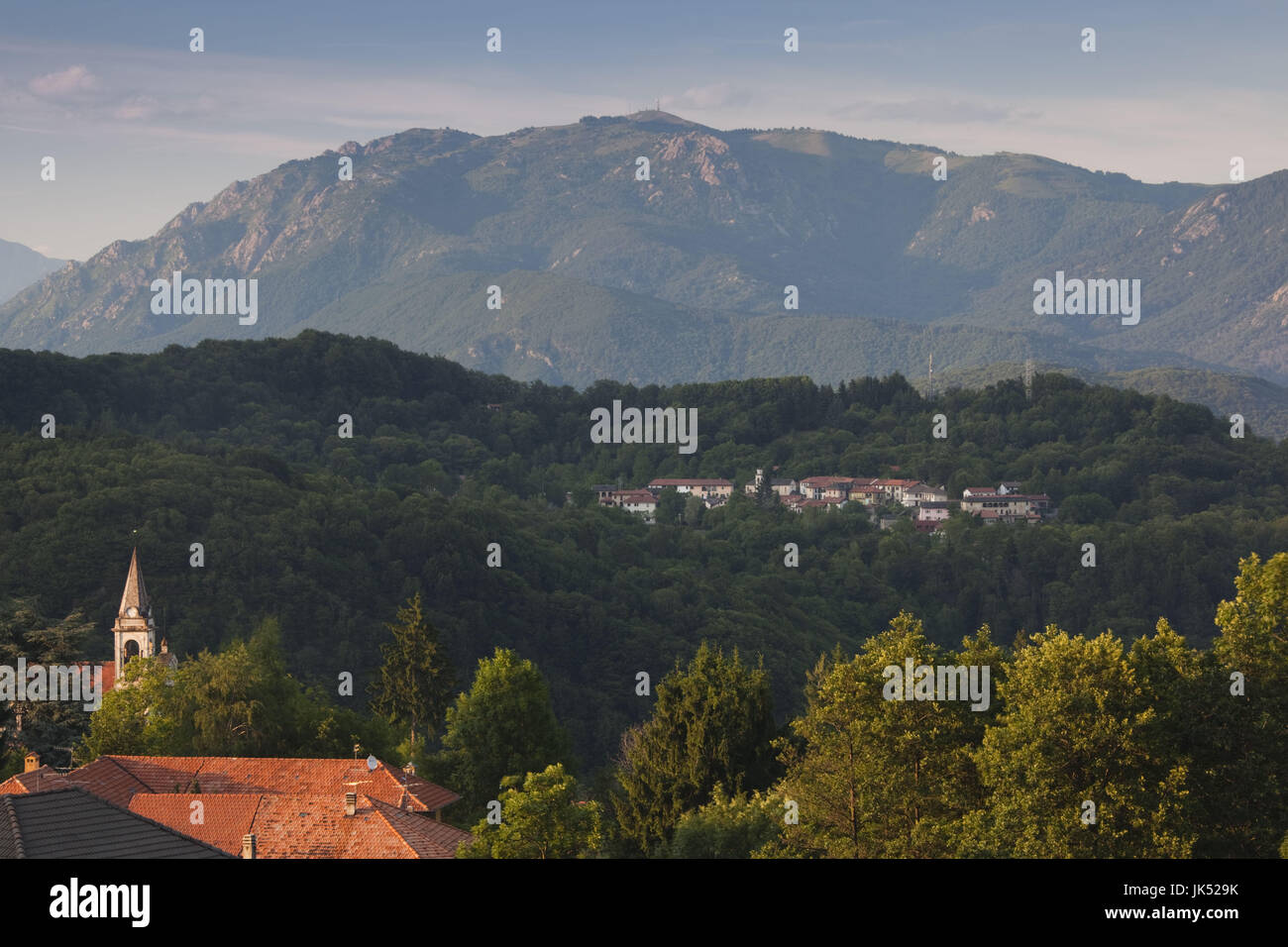 Italy, Piedmont, Lake Orta, Arto, town buildings and Mount Mottarone ...