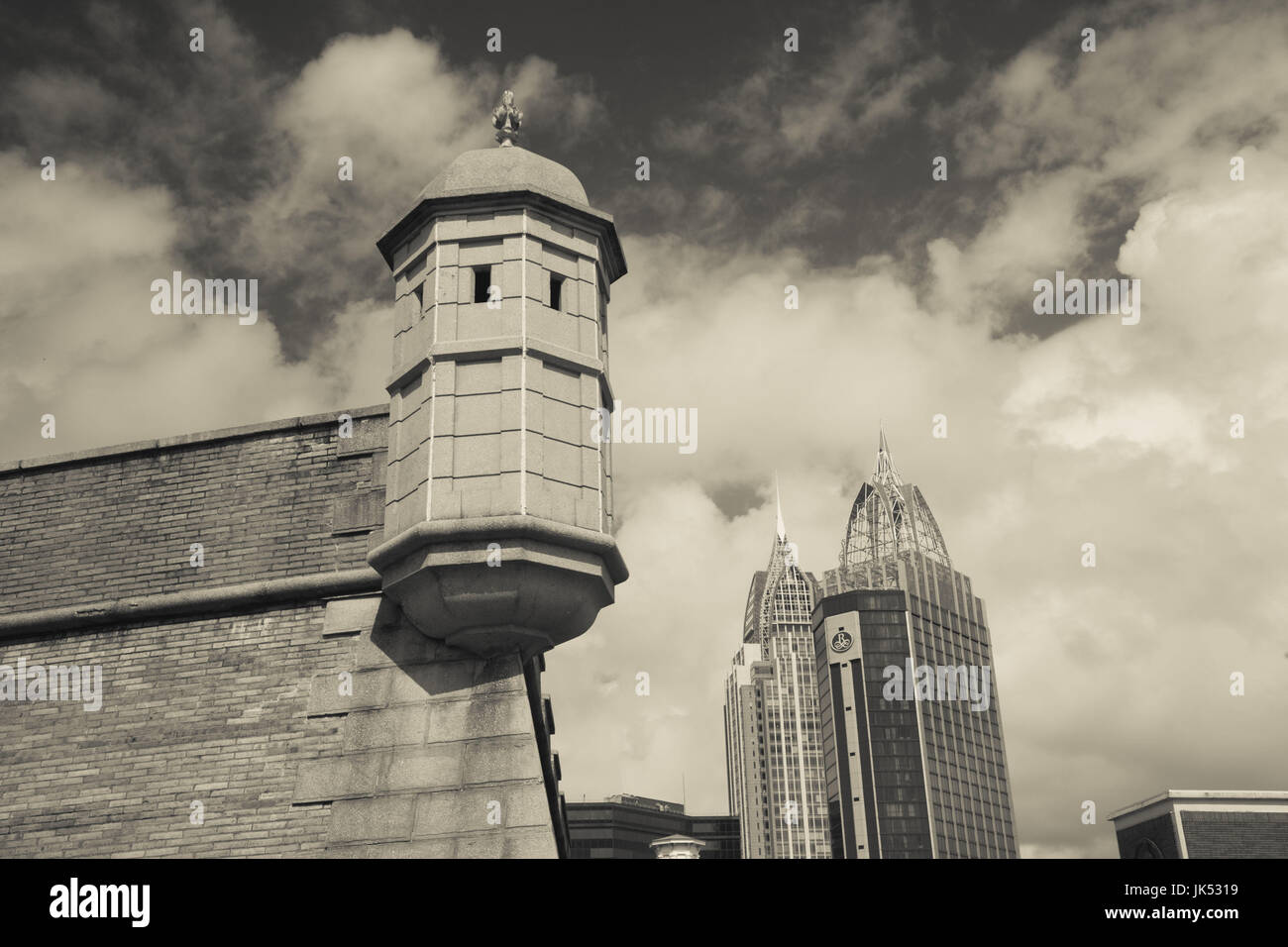 USA, Alabama, Mobile, Fort Conde, b.1711, RSA Tower and Riverview Plaza ...