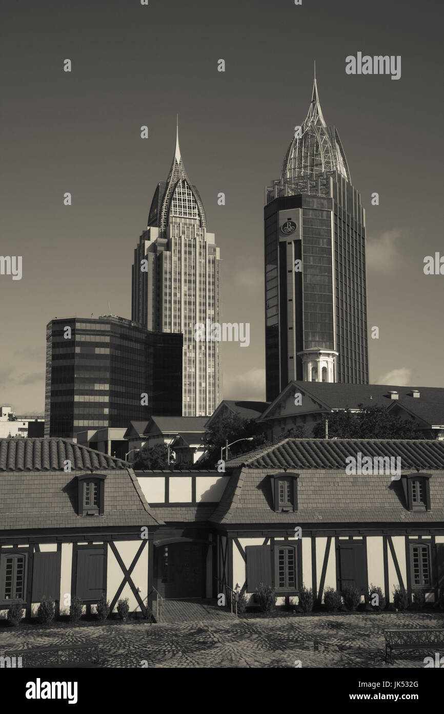 USA, Alabama, Mobile, Fort Conde, b.1711, RSA Tower and Riverview Plaza ...
