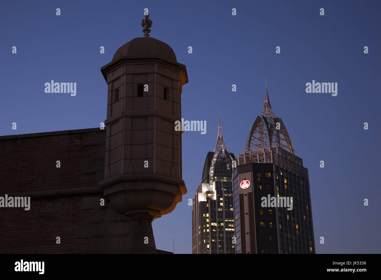 USA, Alabama, Mobile, Fort Conde, b.1711, RSA Tower and Riverview Plaza ...