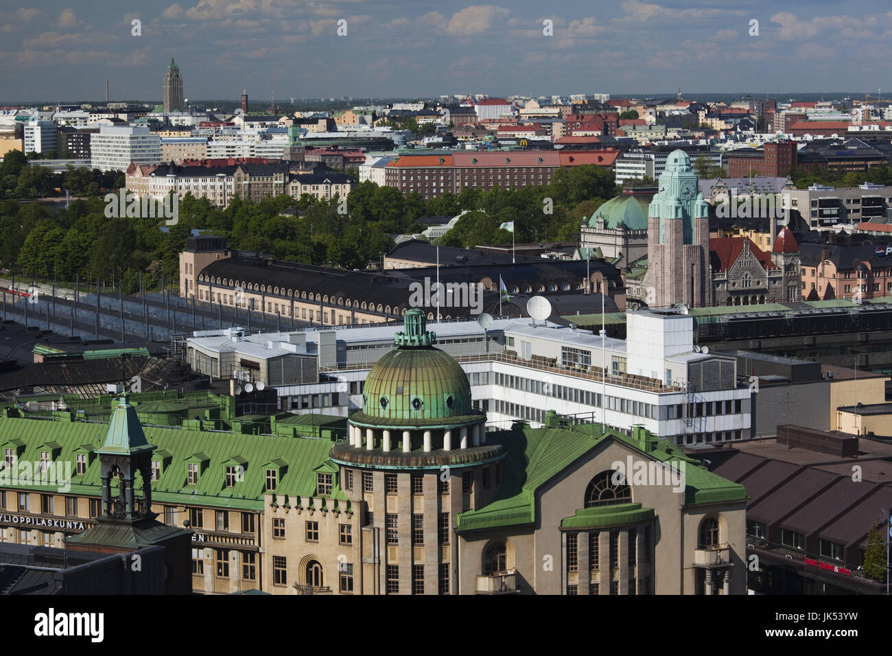 Finland, Helsinki, elevated city view to the Helsinki Train Station from the Hotel Torni Stock ...