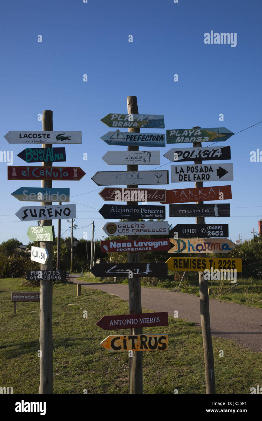 Uruguay, Faro Jose Ignacio, Atlantic Ocean resort town, village signs ...