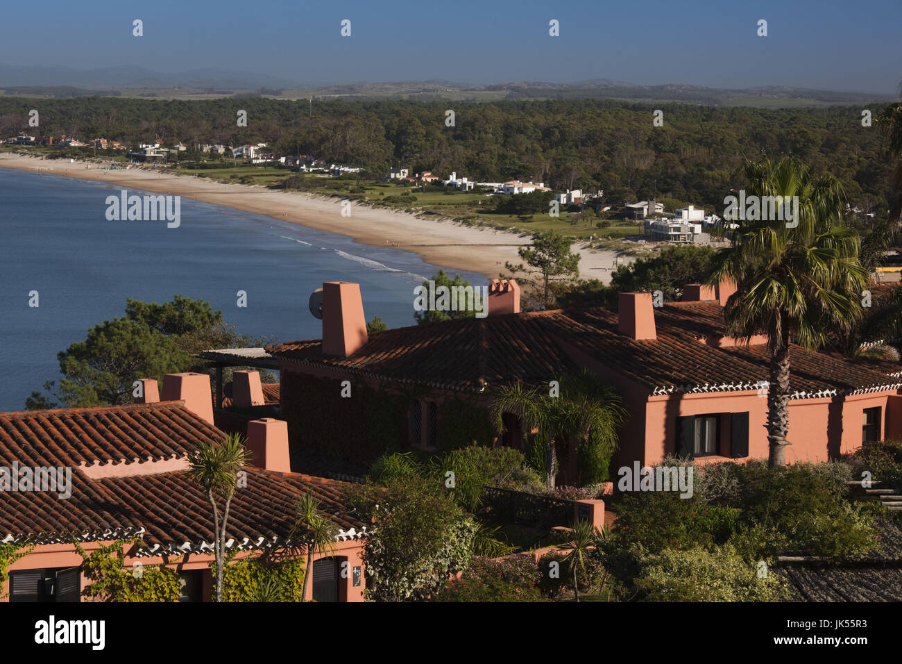 Uruguay, Punta Ballena, Houses above Playa Portezuelo beach, morning ...