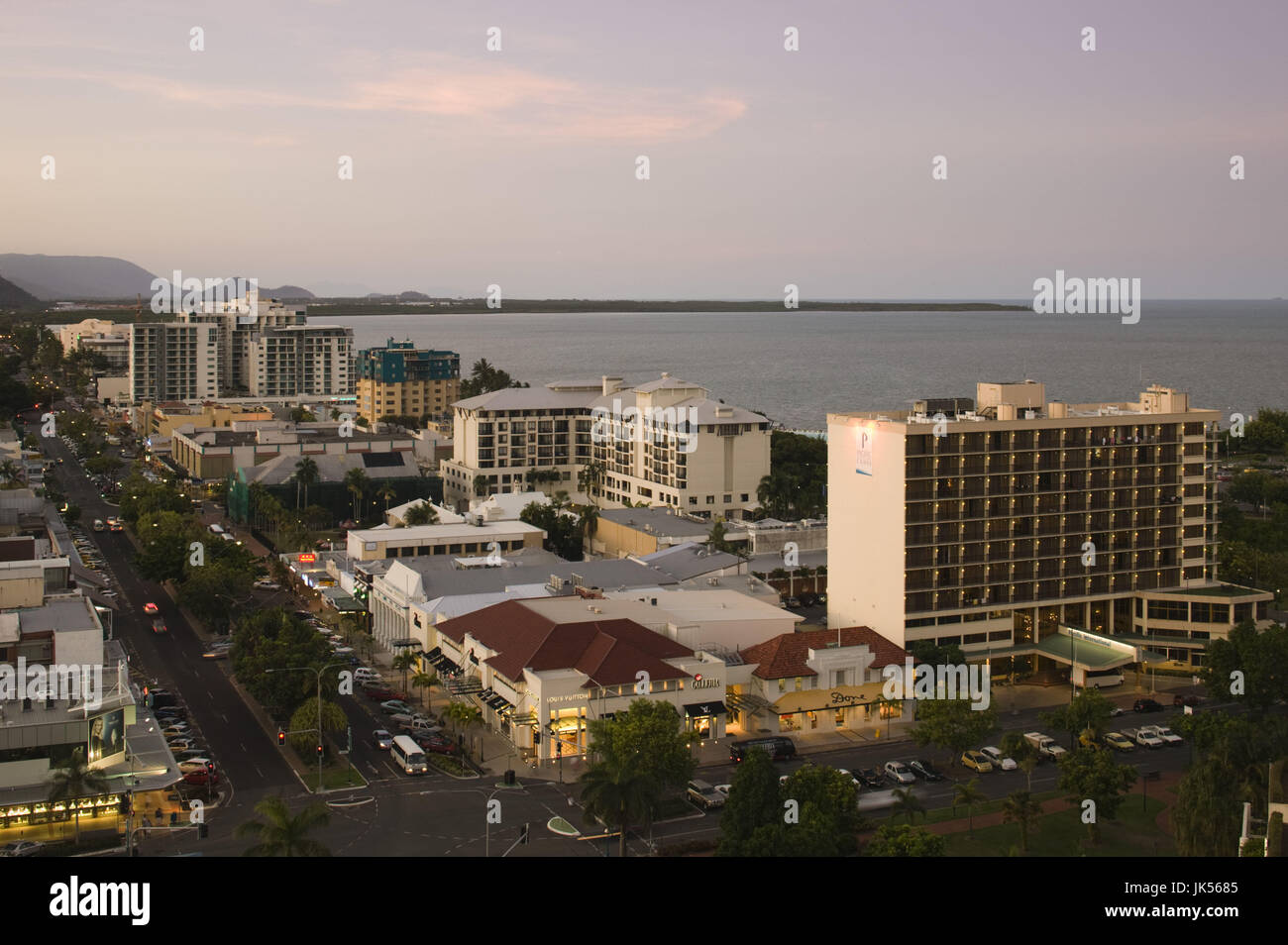 Australia, Queensland, North Coast, Cairns, Dusk View of Central Cairns ...