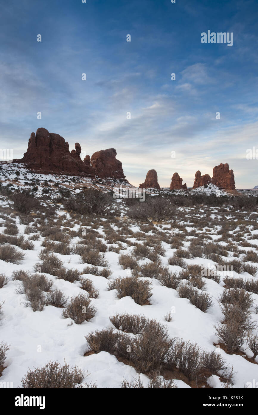 USA, Utah, Moab, Arches National Park, The Windows, dawn, winter Stock ...