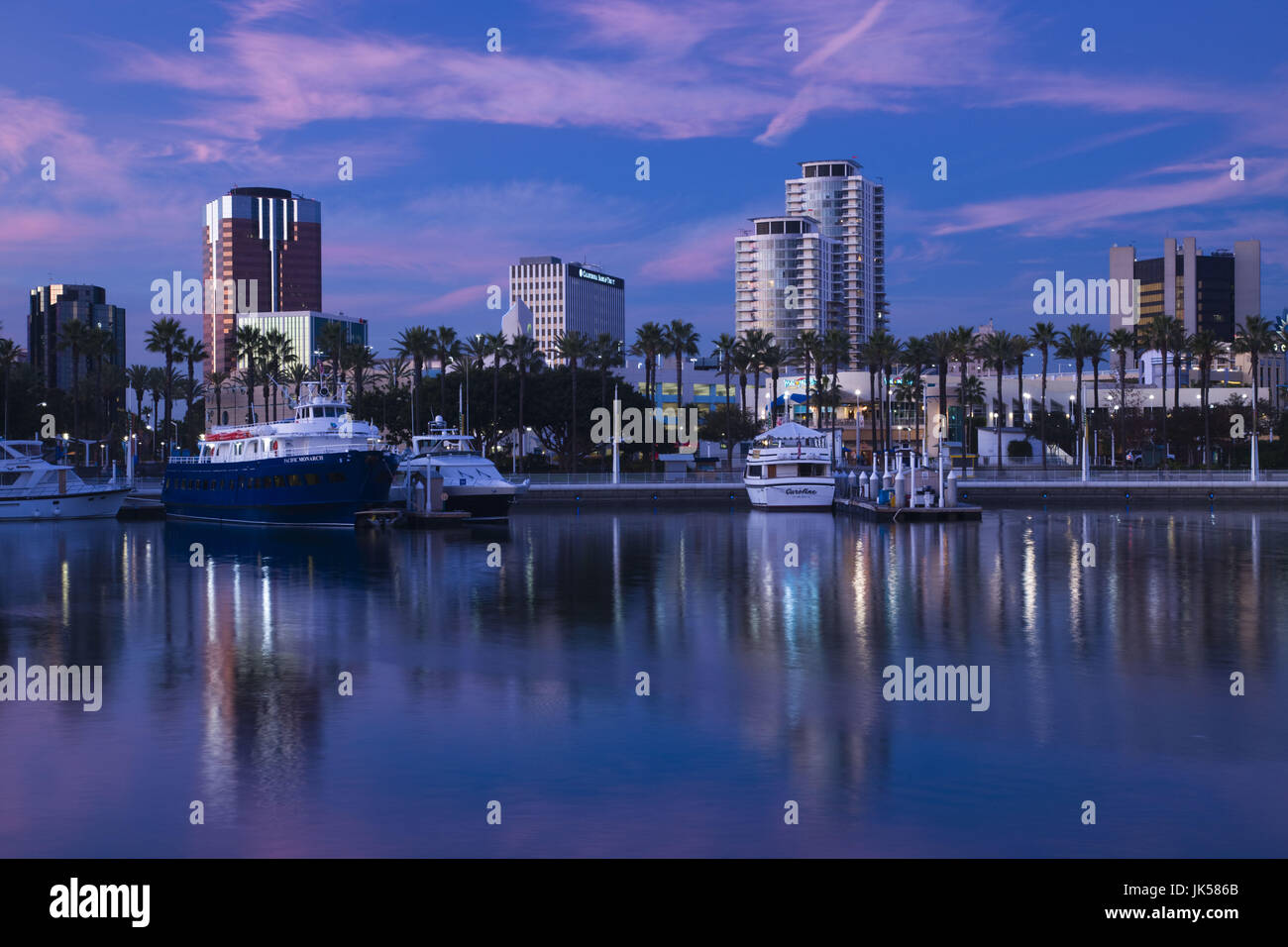 USA, California, Long Beach, Shoreline Village, marina and city view ...