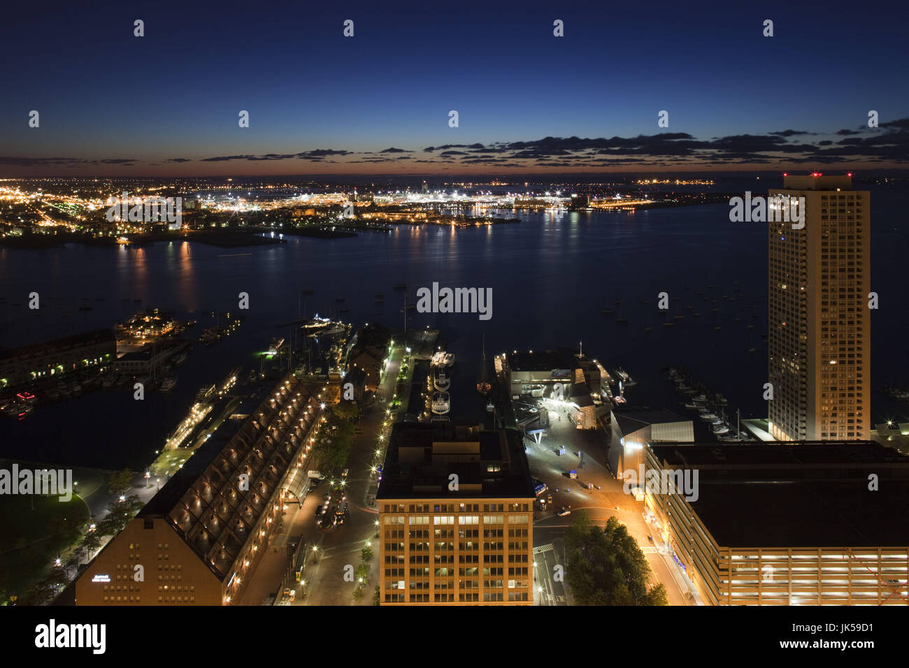 USA, Massachusetts, Boston, waterfront and view towards Logan Airport ...