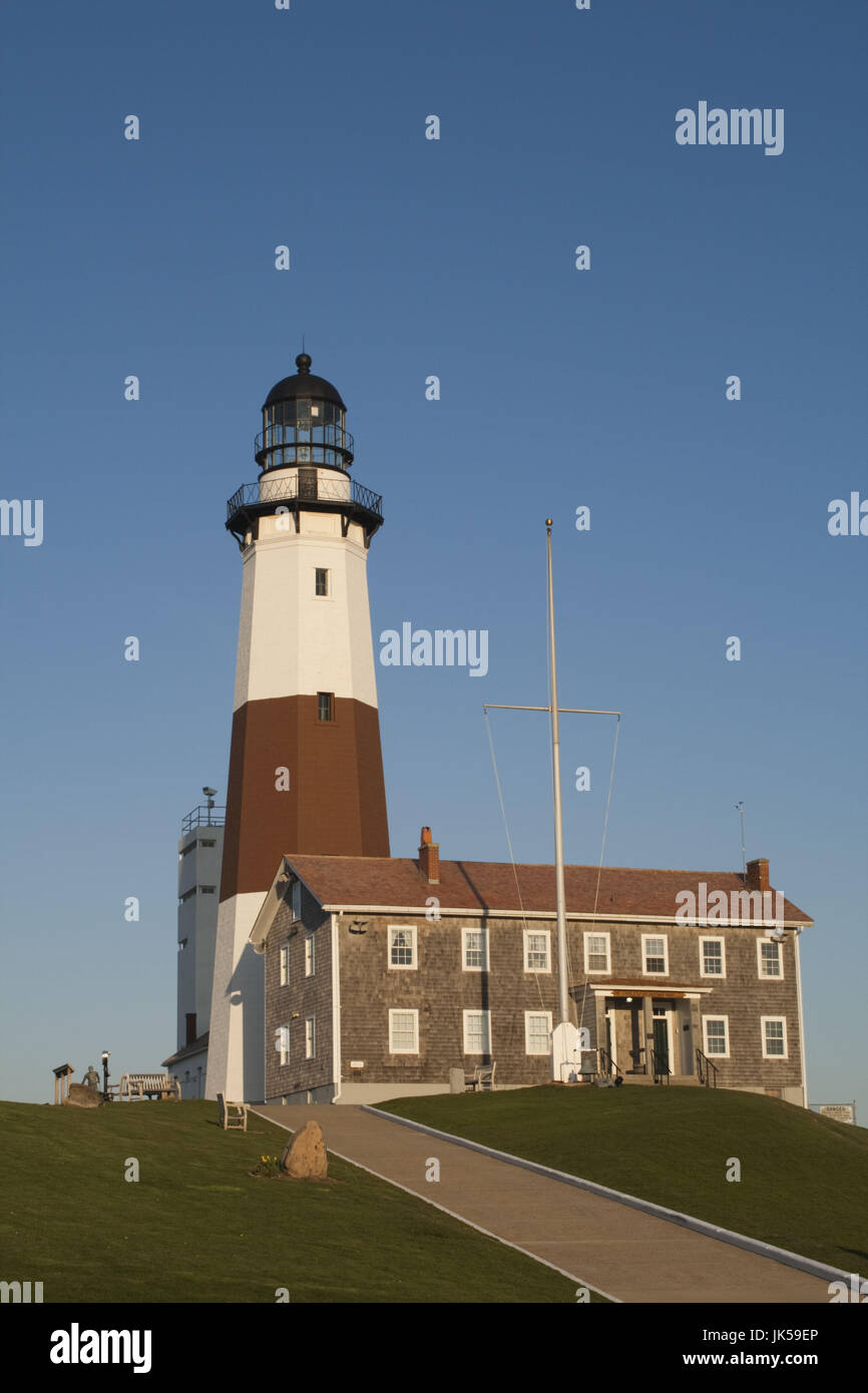 USA, New York, Long Island, Montauk, Montauk Point LIghthouse, sunset ...