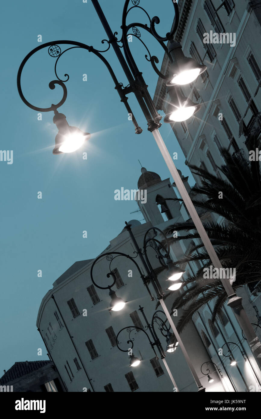 Italy, Sardinia, Cagliari, Il Castello Old Town, streetlights along Via ...