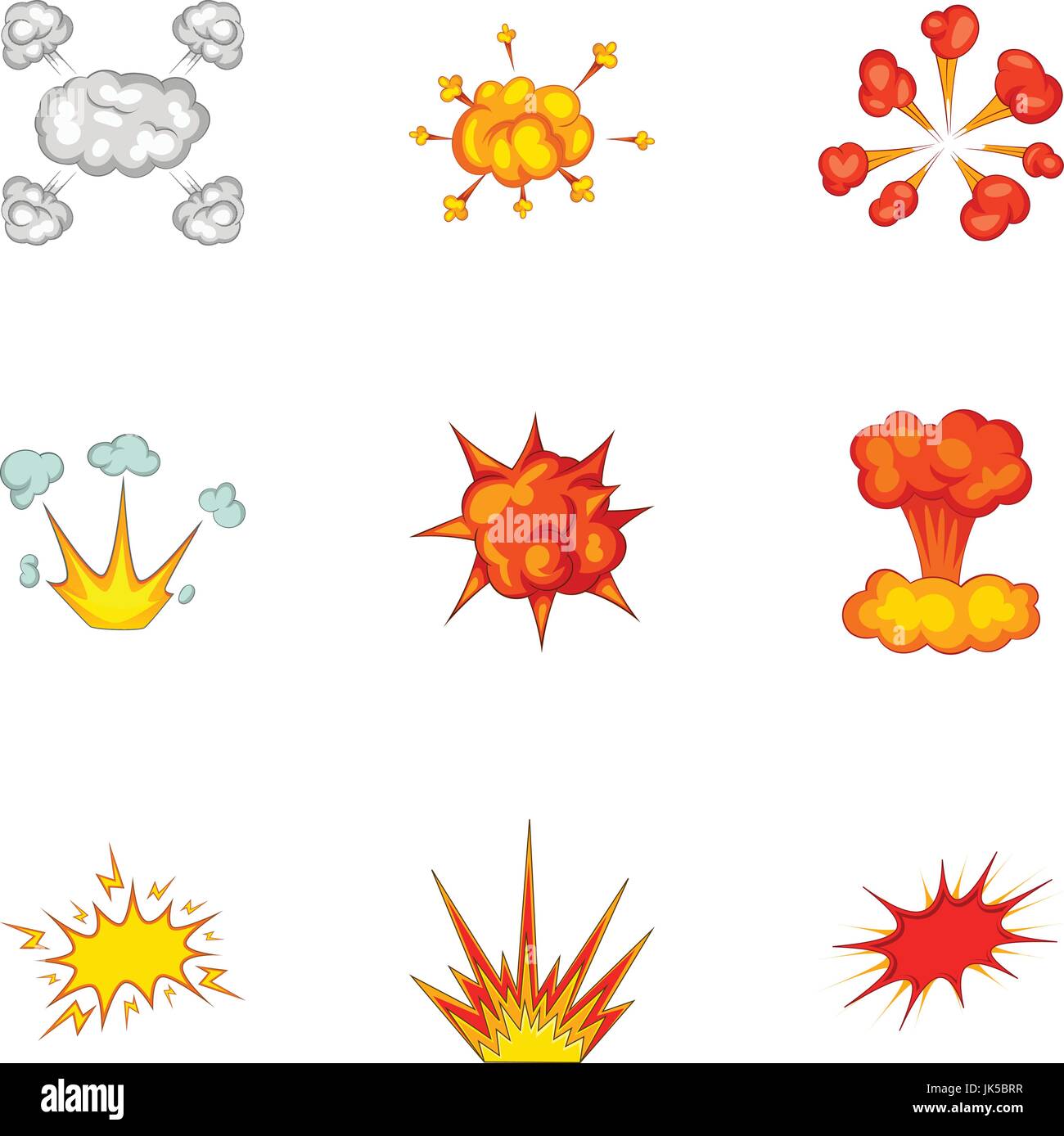 Variously shaped firework explosion icons set. Cartoon set of 9 ...