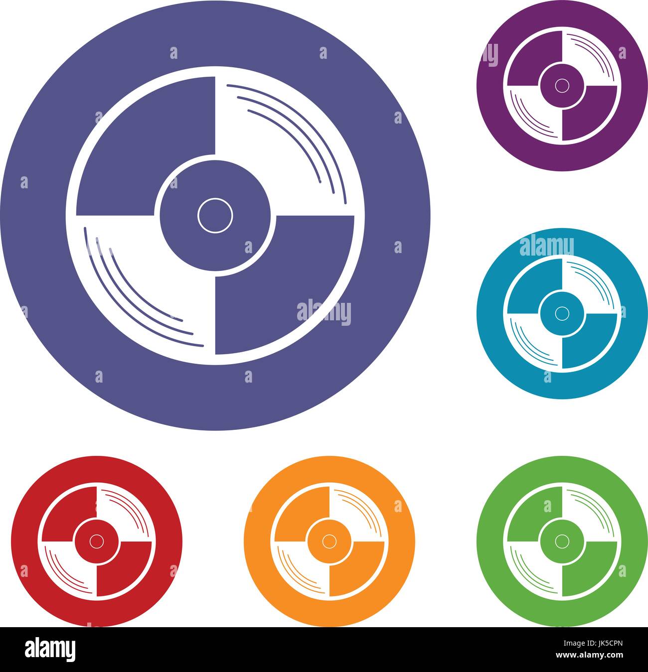 Vinyl record icons set in flat circle red, blue and green color for web ...