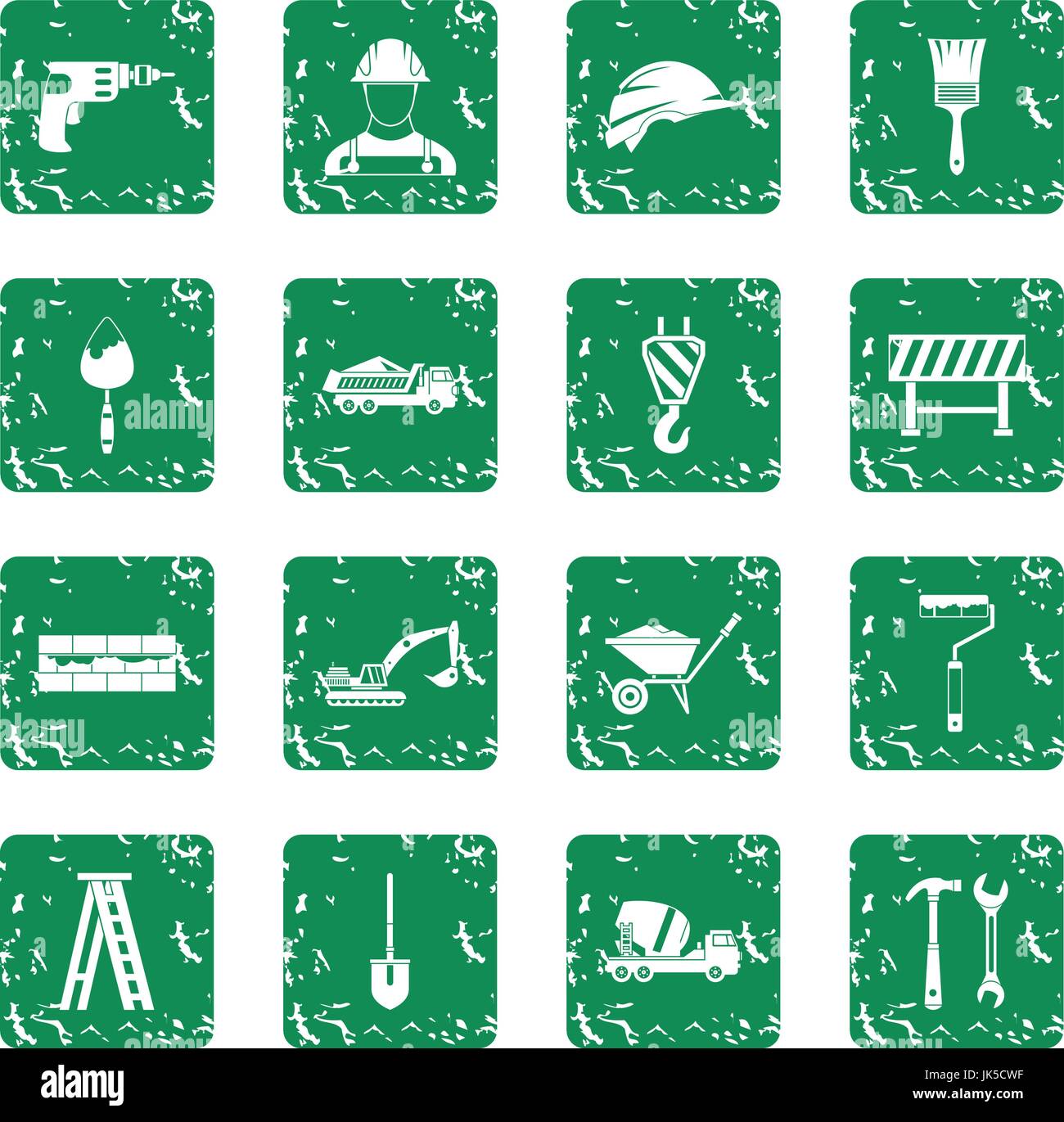 Construction icons set in grunge style green isolated vector ...