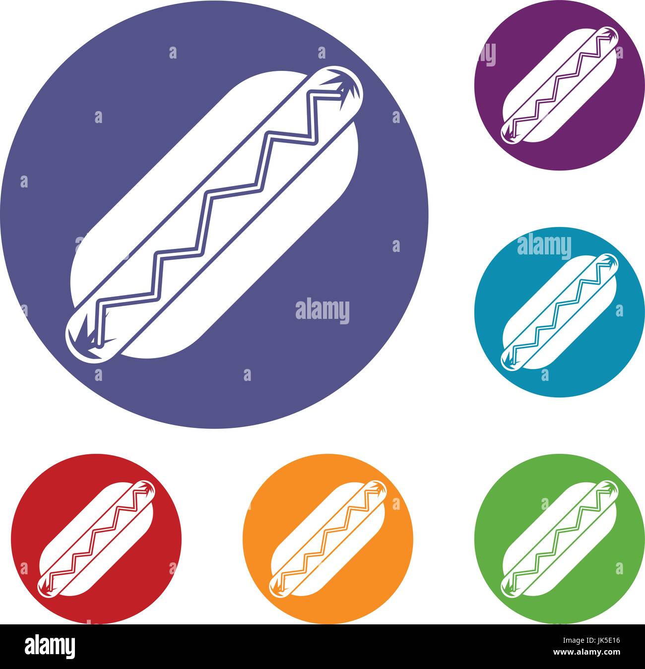 Bun and sausage icons set in flat circle red, blue and green color for ...