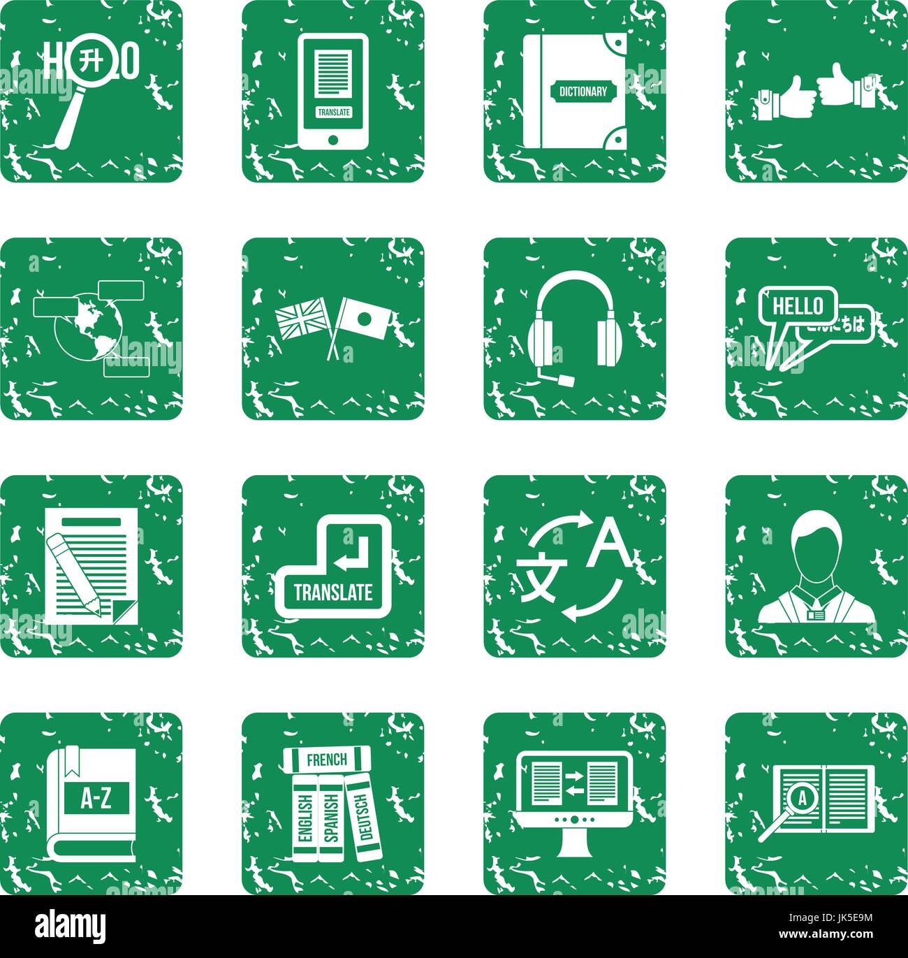 Learning foreign languages icons set in grunge style green isolated ...