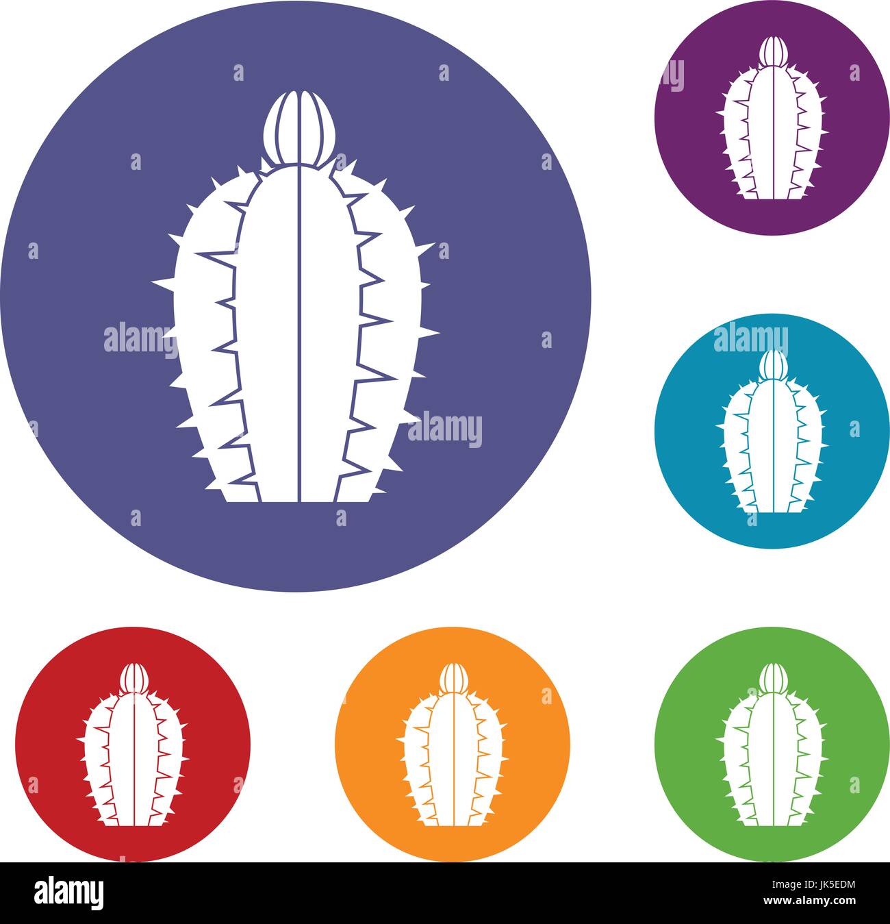 Blooming cactus icons set in flat circle red, blue and green color for ...