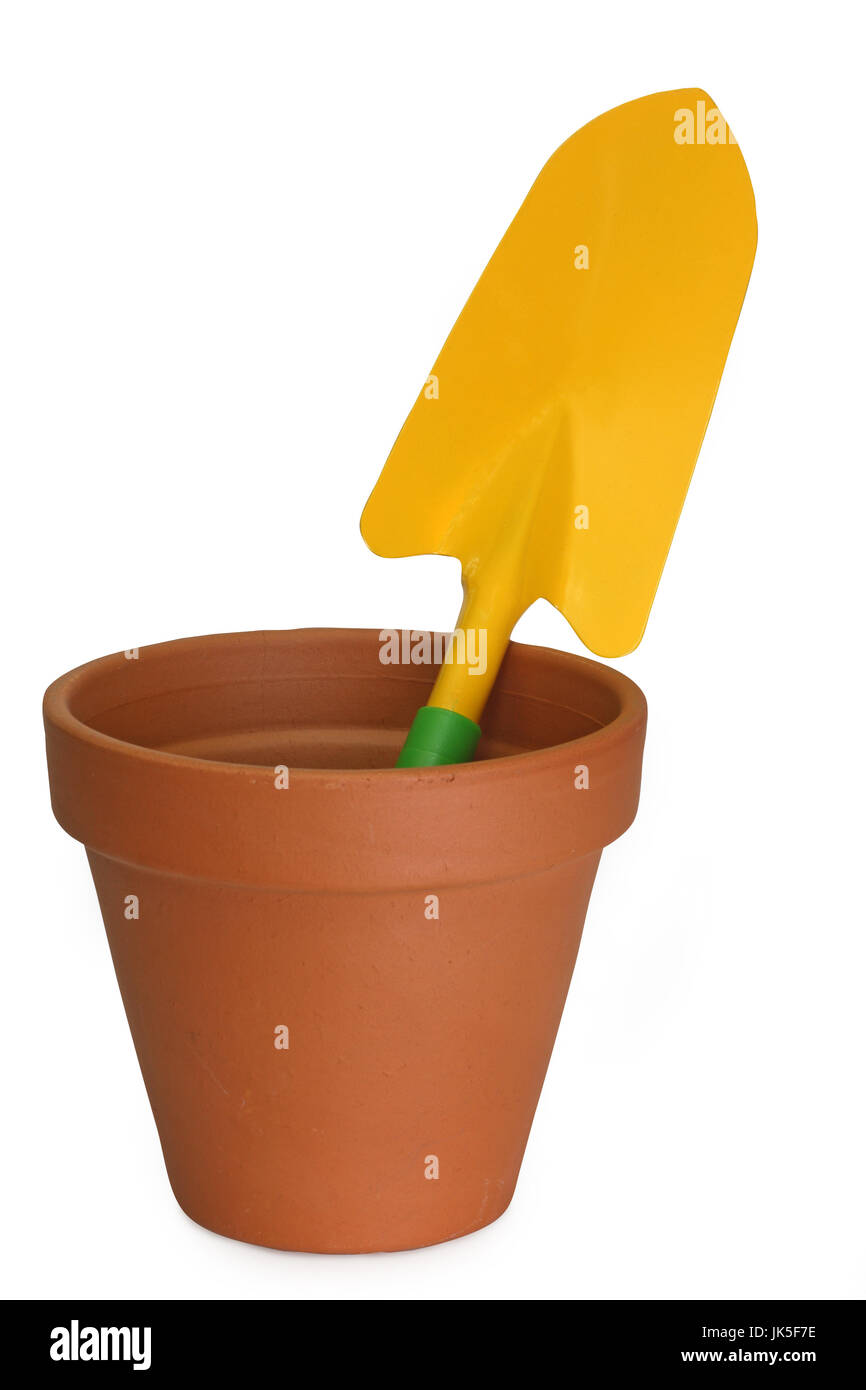 Flower pot with garden shovel isolated on white background Stock Photo ...